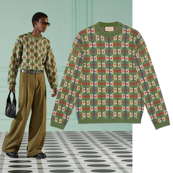 Gucci | Sweaters | Gucci Sweater Mens Gg Logo Check Wool Studded Sz Xl ...